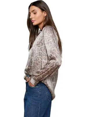 L'Agence Tyler Silk Blouse Top - Grey Multi Patch Leopard