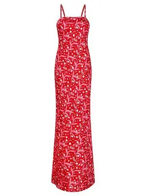 OMNES Leaf-print Satin Maxi Dress - Red