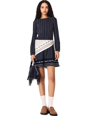 Maje Polyester Printed Pleated Dress - Navy Dot Bandana Print