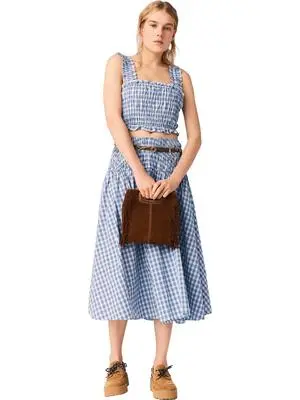 Maje Smocked Rhinestone Cotton Top - Blue Check Print
