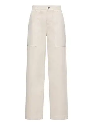 Moncler Cotton Canvas Pants With Leather Logo - Beige