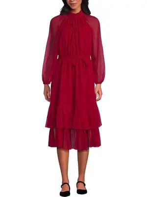 LANDS' END Crinkle Chiffon Ruffle Dress Rich Red