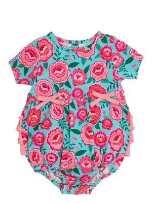 RUFFLEBUTTS Knit Bow Bubble Romper Bright Blossoms
