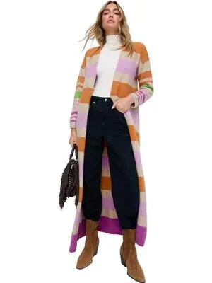 RAFFYA Long Line Rugby Stripe Cardigan - Multi