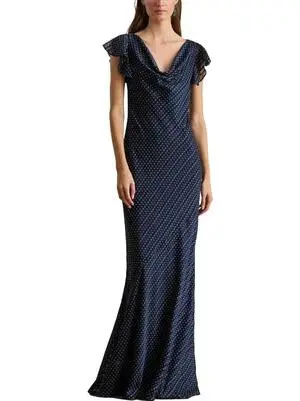 Ralph Lauren Lusita Burnout Cowl Neck Gown - Navy Blue/white