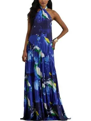 Ralph Lauren Mock Neck Tiered Gown - Blue Multi