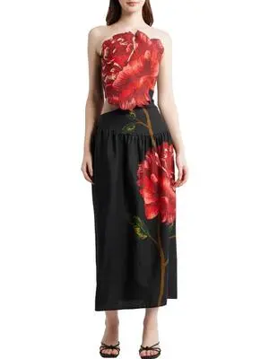 Farm Rio Rosalia Placed Rose Strapless Dress - Black