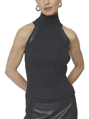 Central Park West Milan Leather Accent Sleeveless T-neck Top - Black Combo
