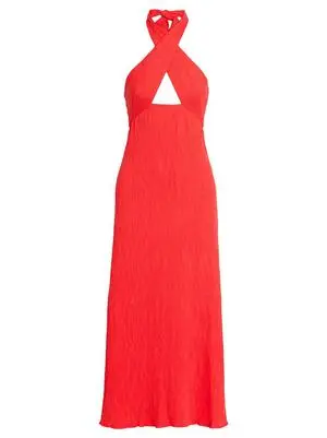 Johanna Ortiz Cutout Jacquard Halterneck Maxi Dress - Tomato Red