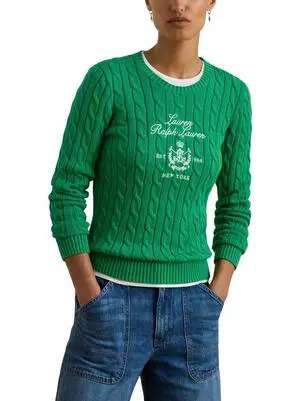 Ralph Lauren Embroidered Crest Cable Sweater - Stem Green