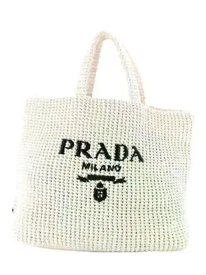 Prada Logo Raffia Large Tote Bag - White