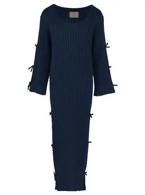 Alexandra Bueno Ribbed Knit Midi Dress With Bow Detail - Navy