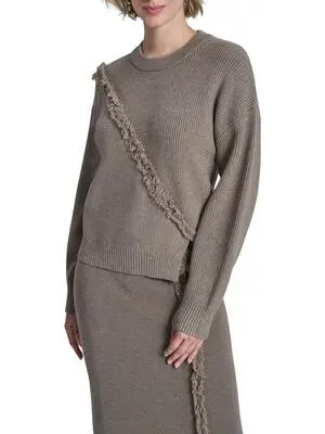 Dkny Fringe Detail Ribbed Crewneck Sweater - City Taupe Heather