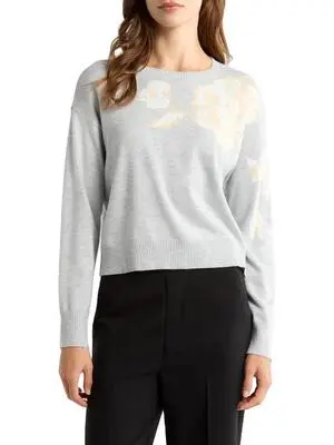 Vince Camuto Floral Motif Crewneck Sweater - Pearl Heather