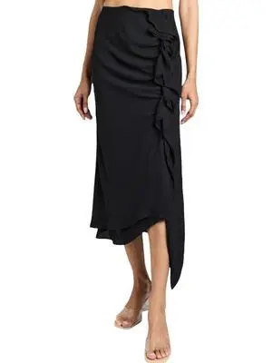Santorelli Harley Midi Skirt With Asymmetrical Cascading Ruffle - Black