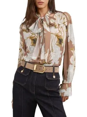 REISS Maggie Tie Neck Floral Blouse - Pink/ivory