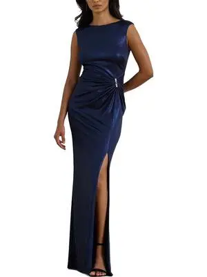 Ralph Lauren Metallic Sleeveless Gown - Navy Blue/multi