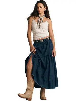 PILCRO Tiered Denim Maxi Skirt - Dark Denim