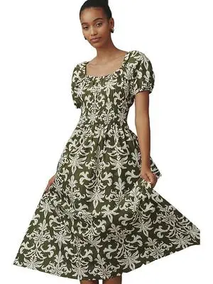 Maeve Puff Sleeve Fit & Flare Dress - Green Floral