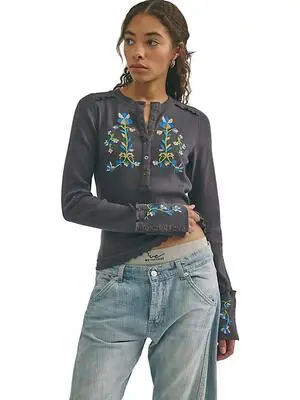 Free People Fleur Embroidered Cuff Henley - Graphite Combo