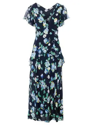 Rixo Evie Floral V-Neck Midi Dress Blue