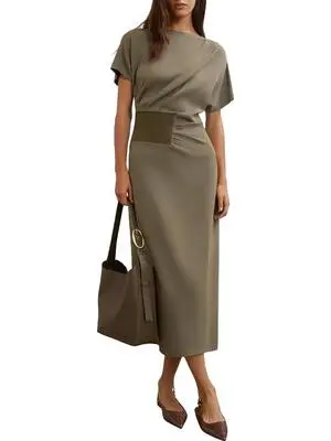 REISS Etta Rib Detail Drape Dress - Khaki Green