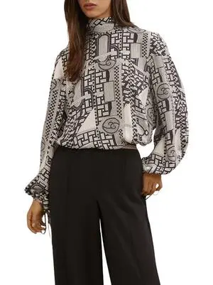 REISS Tile Print Top - Ivory/black