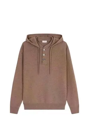 FURSAC Knitted Hoodie With Button Placket - Brown