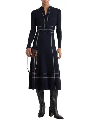 REISS Charlie Long Sleeve Midi Dress - Navy