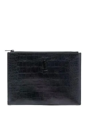 Saint Laurent 2017 Croc Embossed Leather Monogram Document Holder - Black
