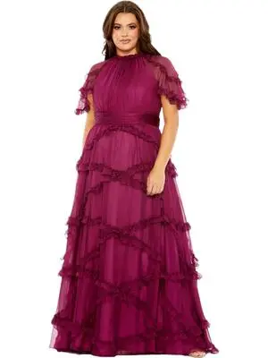Mac Duggal High Neck Ruffle Tiered Flutter Sleeve Gown - Raspberry