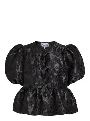 GANNI Floral Satin Cloqué Peplum Blouse - Black