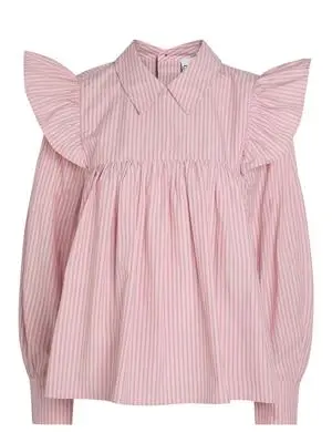 GANNI Striped Cotton-Poplin Blouse With Frilled Trim