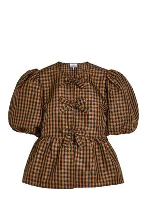 GANNI Crinkled Checked Taffeta Blouse - Dark Brown