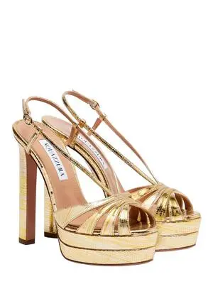 AQUAZZURA Aimée 130 Metallic Leather Platform Sandals - Gold