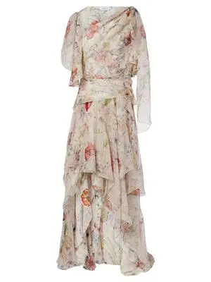 Alexander McQueen Floral Asymmetric Silk Chiffon Gown - Multicoloured