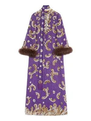 Valentino Garavani Embroidered Chiffon Dress With Feather Detail - Purple