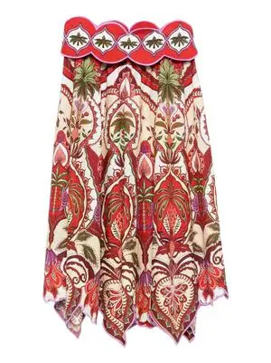 Farm Rio Printed Midi Skirt With Scalloped Trim - Red