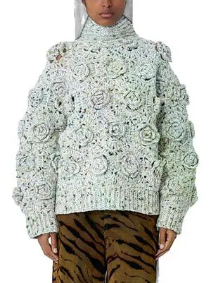 GANNI Floral Crochet Knit Sweater - White