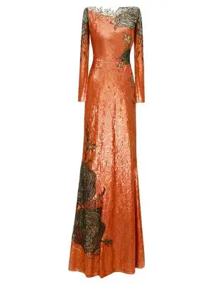 GEMY MAALOUF Long-sleeve Embroidered Maxi Dress - Orange