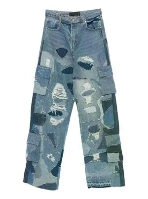 WHO DECIDES WAR BY EV BRAVADO Ripped Patchwork Cargo Jeans - Blue