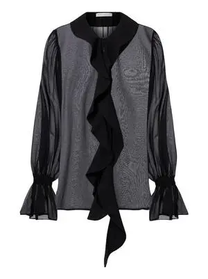 Nina Ricci Ruffled Sheer Silk Blouse - Black