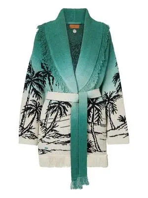 Alanui Wave Bloom Fringed Cotton-blend Jacquard Cardigan - Green