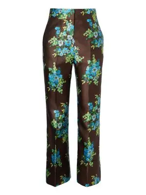 ALEMAIS Floral Cropped Satin Flared Trousers - Brown