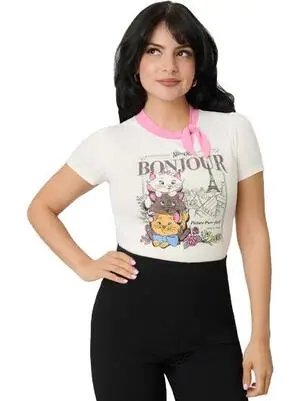 Unique Vintage Short Sleeve Knit Top With Bow - White Cat Print