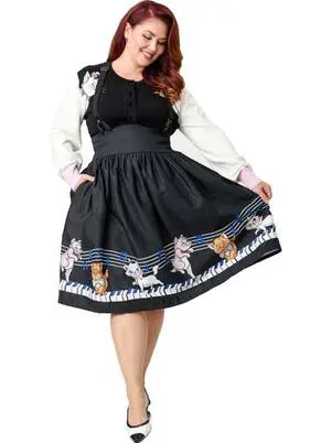 Unique Vintage Suspender Swing Skirt - Black Piano Cats Print