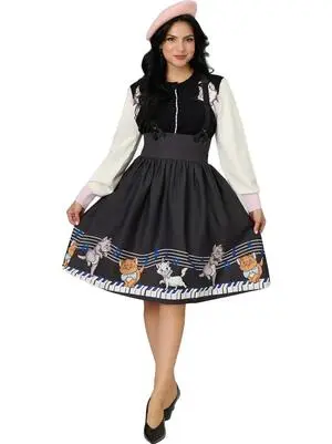 Unique Vintage Suspender Swing Skirt - Black Piano Cats Print
