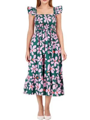 Leota Ivanna A-line Smocked Midi Dress - Dancing Daisies Evergreen