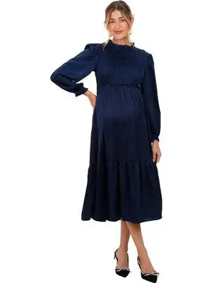 PINKBLUSH Satin Smocked Chest Midi Dress - Navy Blue