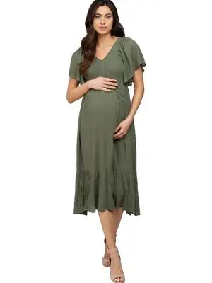 PINKBLUSH Smocked Ruffle Maternity Dress - Olive Green